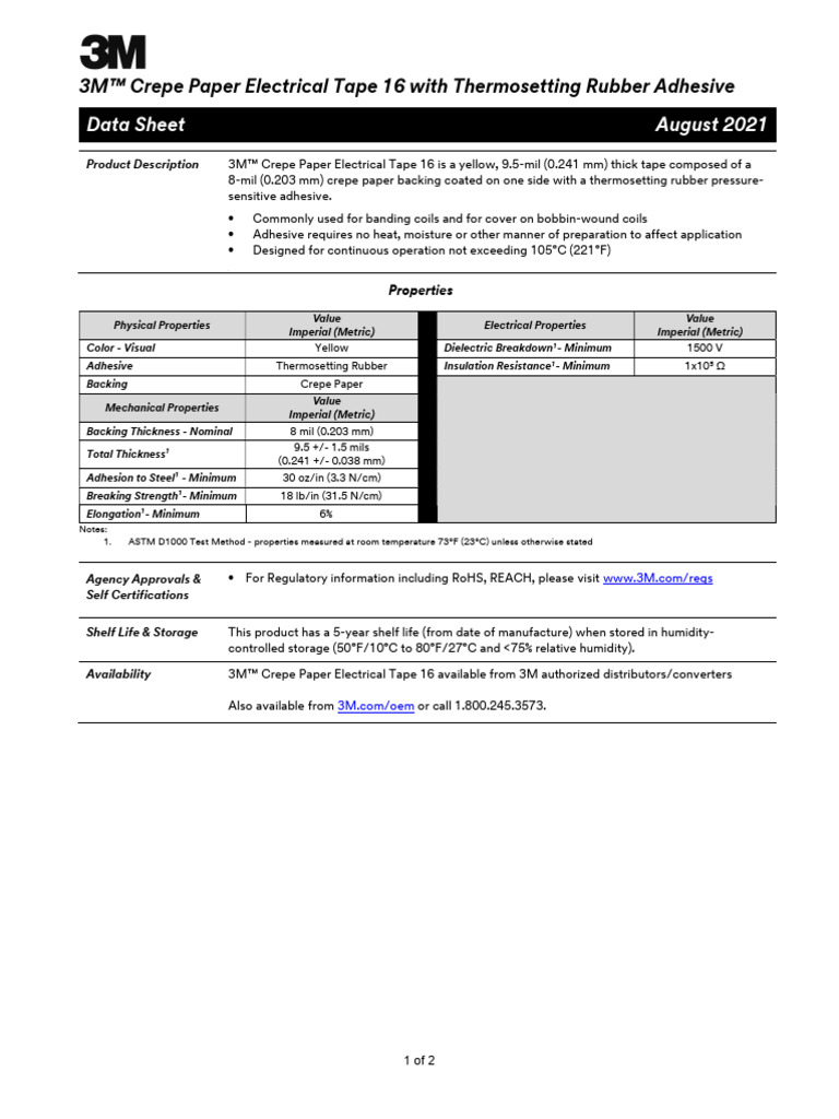 3M Crepe Paper Electrical Tape 16 - Data Sheet - 78-8124-4752-8-B | PDF | Paper | Adhesive
