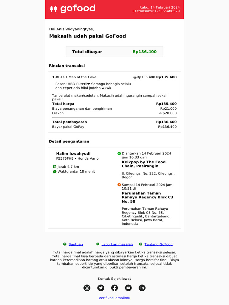Makasih Udah Pakai Gofood: Total Dibayar | PDF