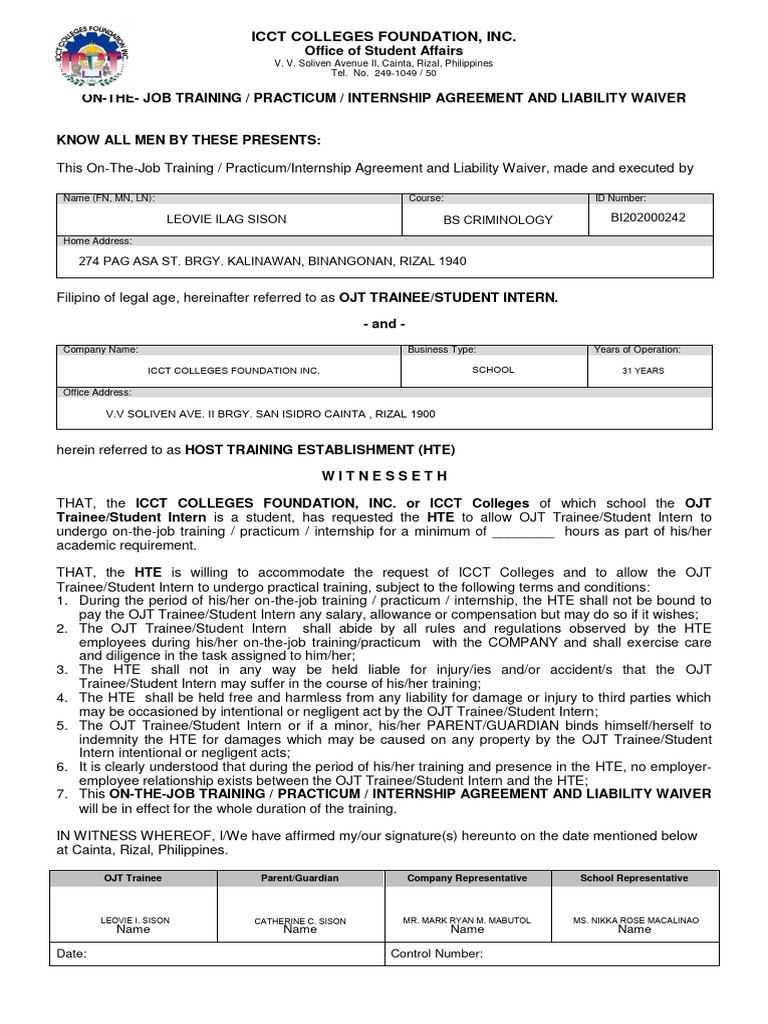 OJT Agreement and Liability Waiver Template | PDF