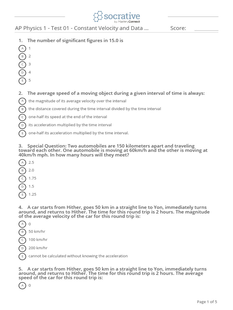 Test 1 Socrative Review - Velocity - Blank | PDF | Velocity | Speed