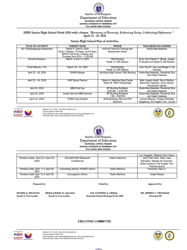 SHS Week 2024 List of Activities | PDF | Internet | Service Industries