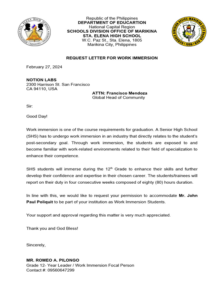 WORK IMMERSION REQUEST LETTER | PDF