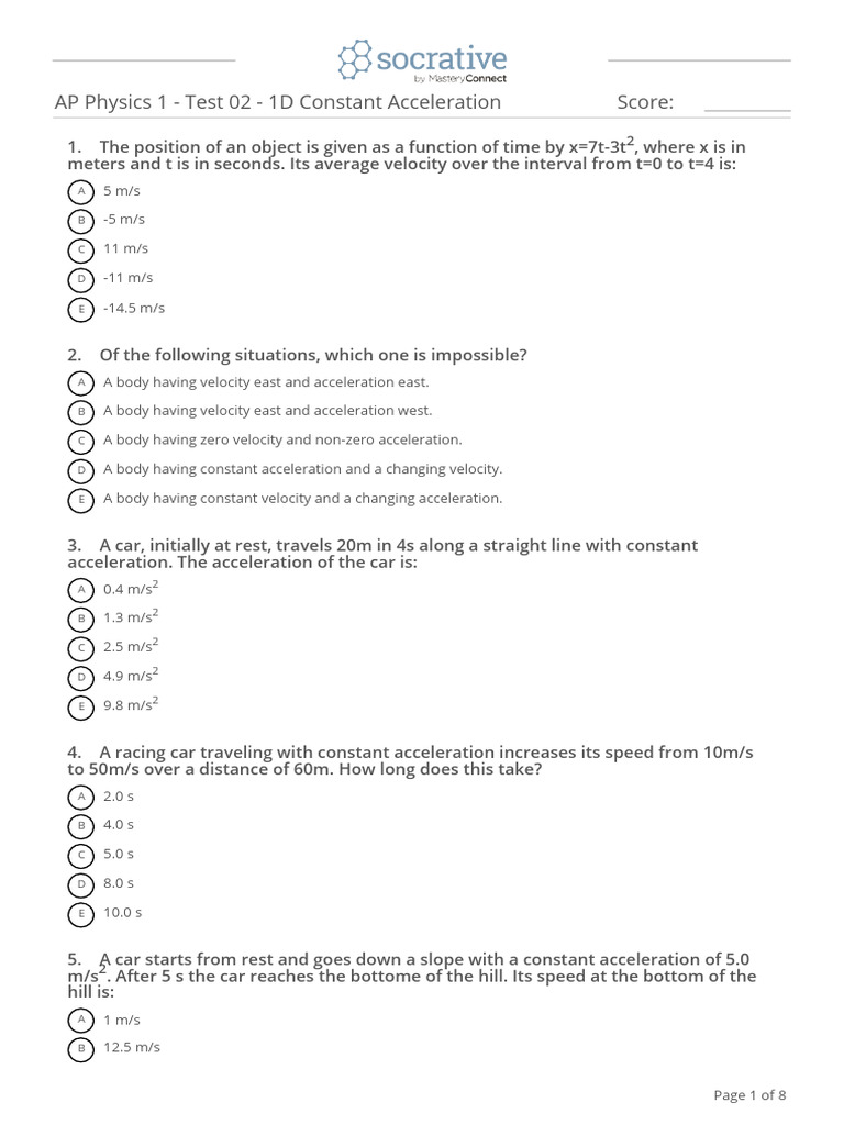 Test 2 Socrative Review - Acceleration - Blank | PDF | Velocity | Speed