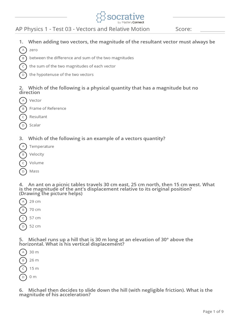 Test 3 Socrative Review - Vectors - Blank | PDF | Trigonometric ...