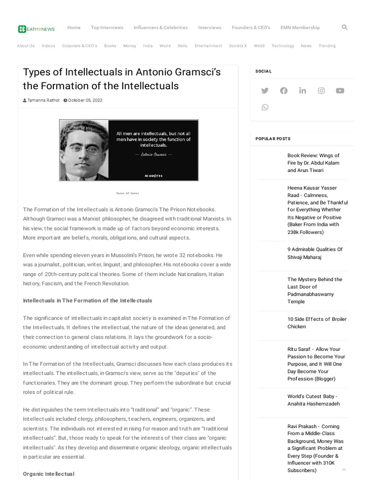 Types of Intellectuals in Antonio Gramsci's The Formation of The ...