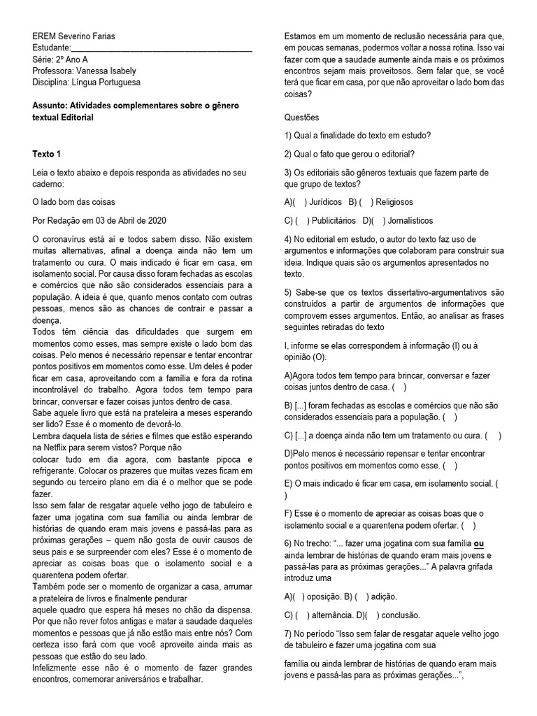 ATIVIDADES COMPLEMENTARES SOBRE O GÊNERO TEXTUAL EDITORIAL | PDF | Editorial | Família