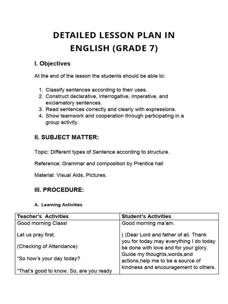 0 Detailed Lesson Plan in English Grade 7 | PDF | Question | Sentence (Linguistics)