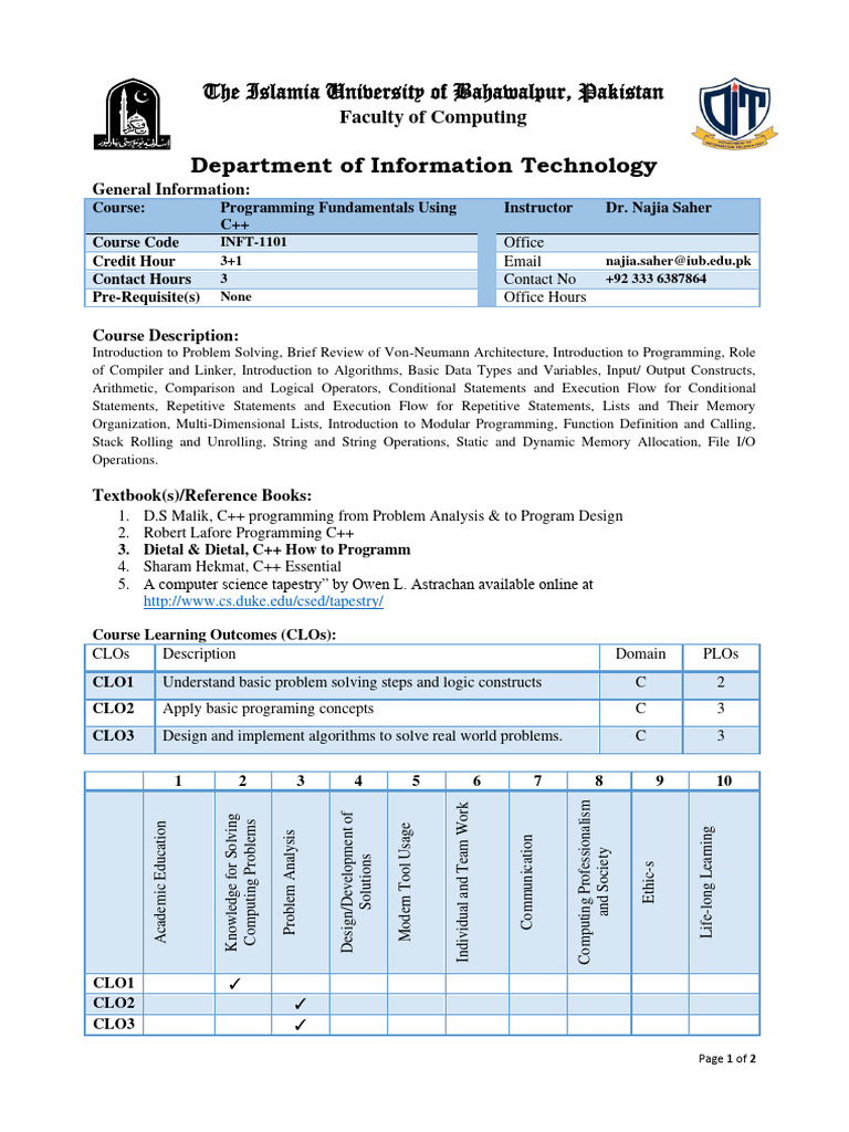 Course Outline BSIT - Prog Fundamental Using C++ | PDF | C++ | Computer Programming