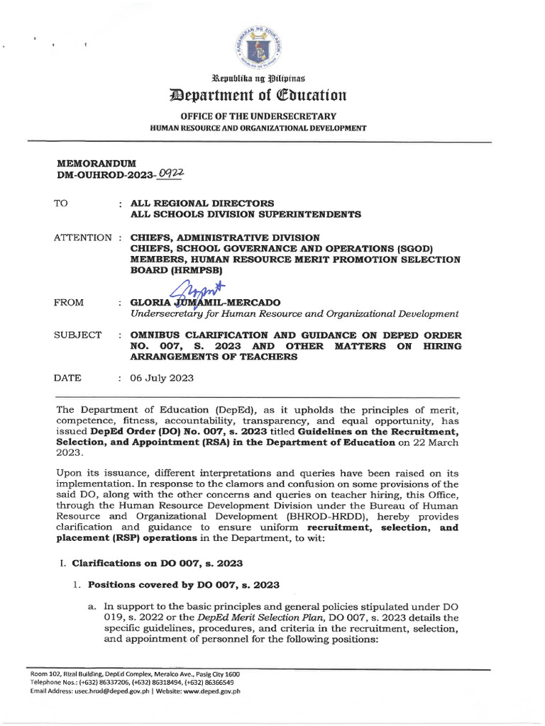 DM OUHROD 2023 0922 - Omnibus Clarification and Guidance On DepEd Order ...