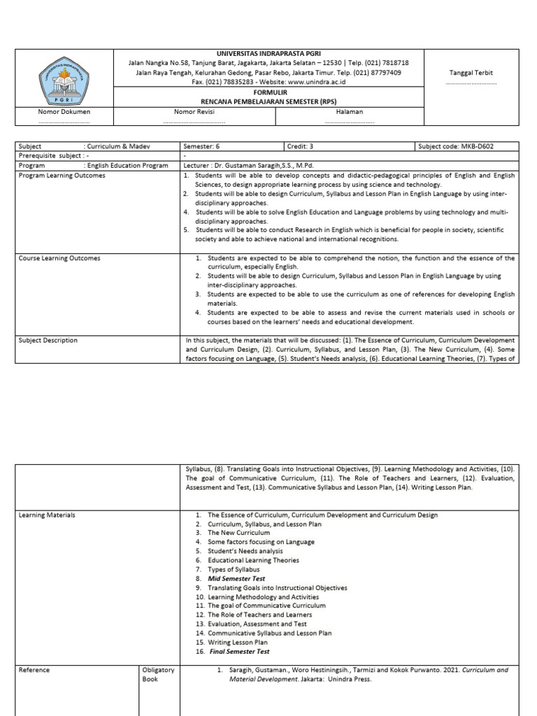 Curriculum and Material Development RPS, Curriculum & Madev 21-22 | PDF