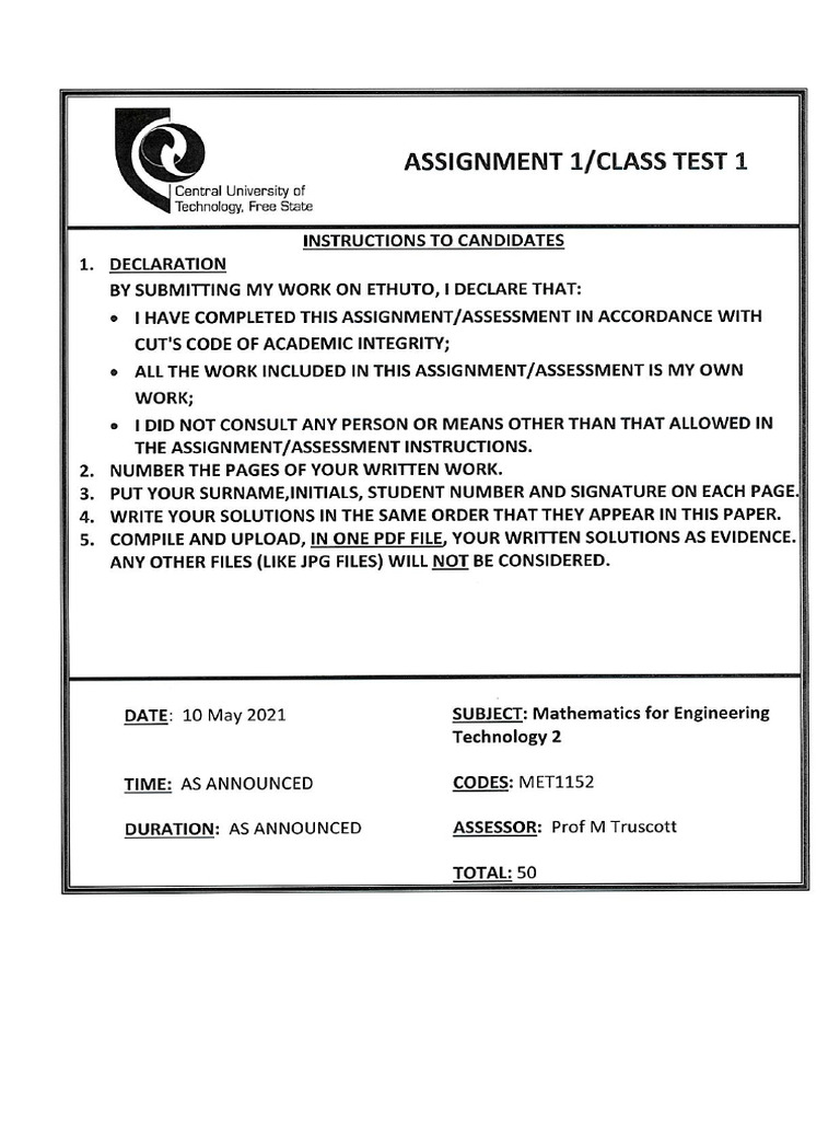 Assignment 1 - Class Test 1 Memo | PDF
