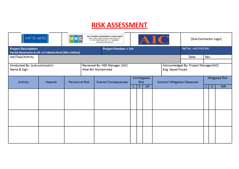 Risk Assessment Form (New) - For Sub Contractor | PDF