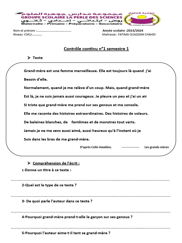 Contrôle continu CM1 - Semestre 1 | PDF | Jeunes adultes | Fiction générale