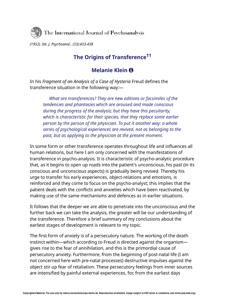Klein - The Origins of Transference | PDF | Object Relations Theory | Psychoanalysis