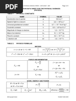 Examination Data Sheet For The Physical Sciences (Physics) Table 1 ...