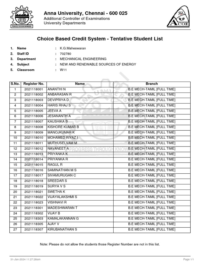 ME5079 New and Renewable Energy Student Name List | PDF