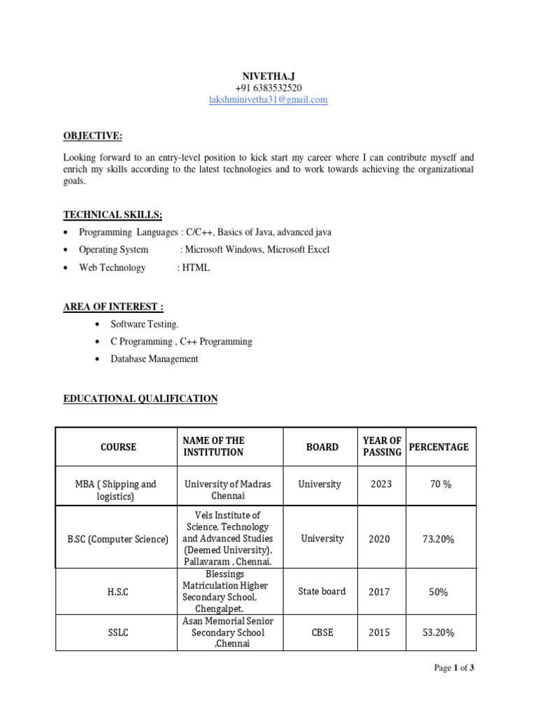 Resume NIVETHAJ | PDF | Computing | Software