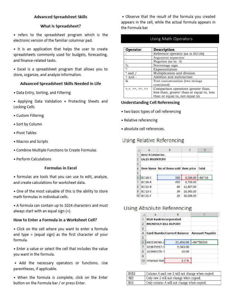 Advanced and Formating Spreadsheet Skills (PRINT) | PDF Advanced and Formating Spreadsheet Skills (PRINT) | PDF