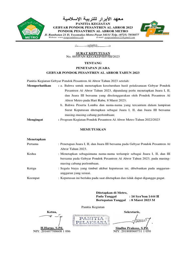 SK Hasil Lomba Gebyar Al Abror 2023 | PDF