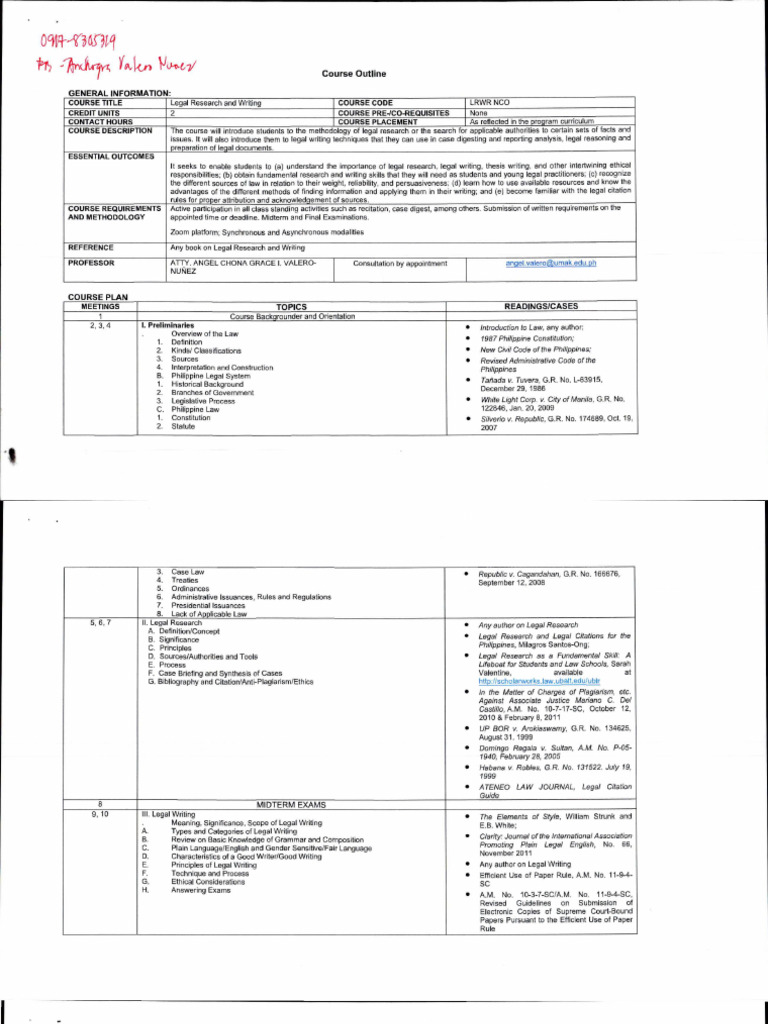 Legal Research and Writing Course Outline | PDF