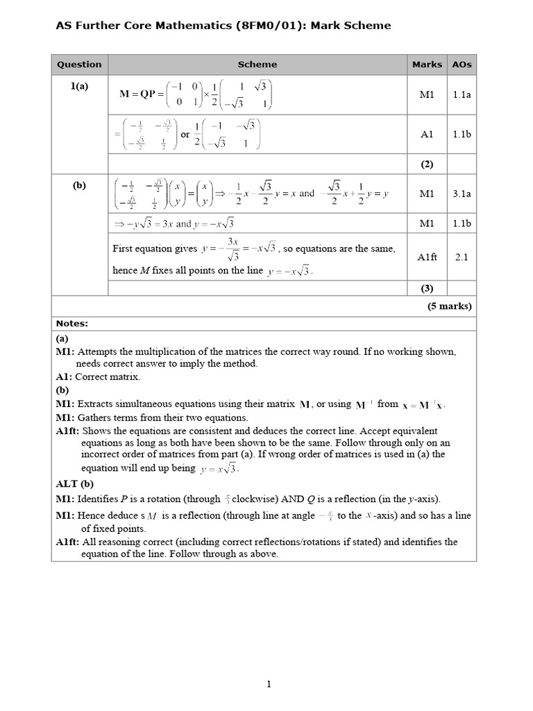 01b As Further Core Maths 8fm0 01 Paper Mark Scheme | PDF | Determinant | Matrix (Mathematics)