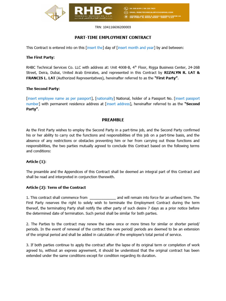 Part Time Contract Agreement | PDF | Safety | Conflict Of Interest