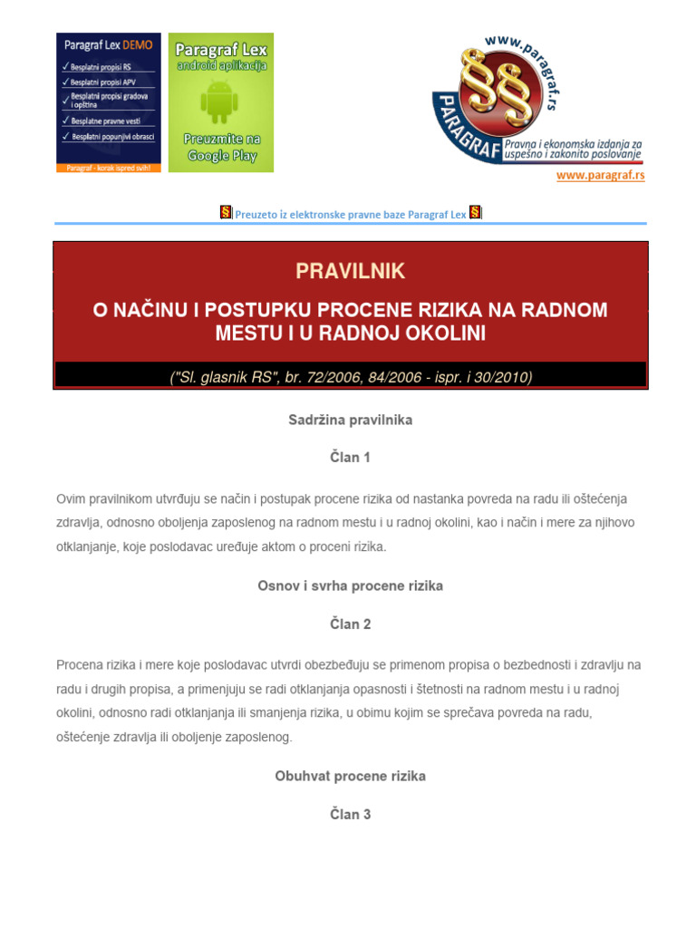 Pravilnik o Nacinu I Postupku Procene Rizika Na Radnom Mestu I U Radnoj Okolini | PDF