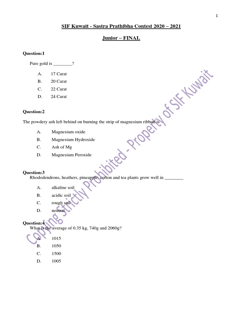 Juniors - Sample Question Paper SPC Kuwait | PDF
