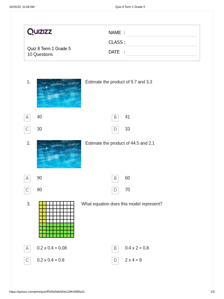 Quiz 8 Term 1 Grade 5 | PDF | Mathematics | Applied Mathematics