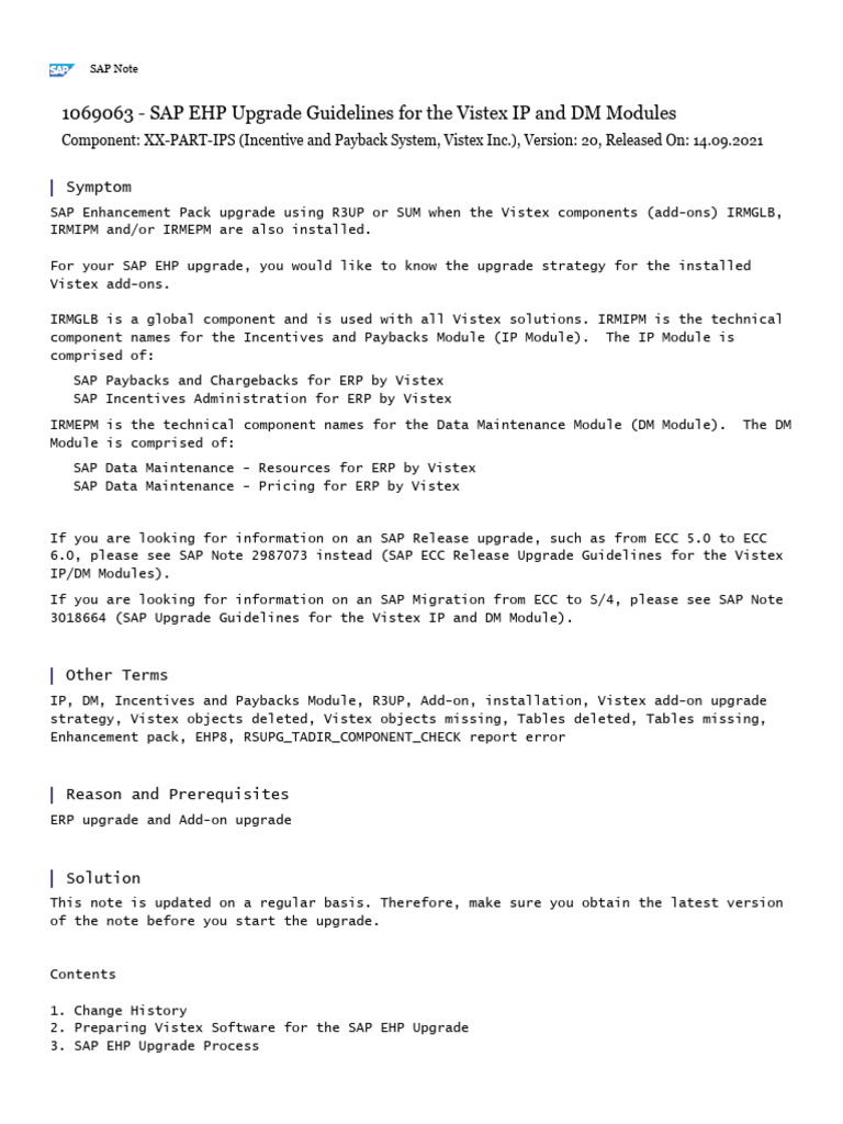 SAP EHP Upgrade Guidelines For The Vistex IP and DM Modules | PDF ...