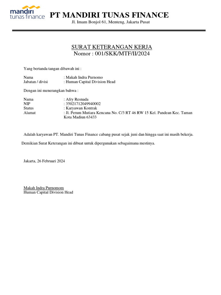 SK Kerja Afry Mandiri | PDF