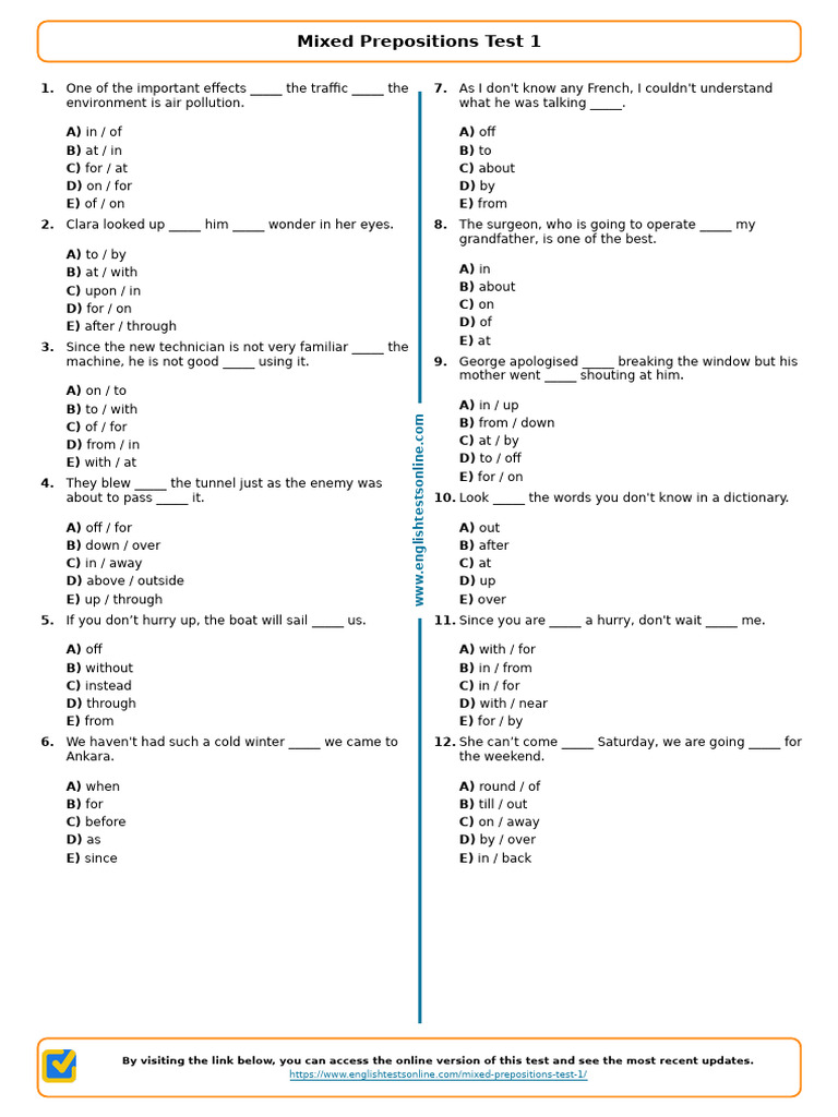 1806 - Mixed Prepositions Test 1 | PDF