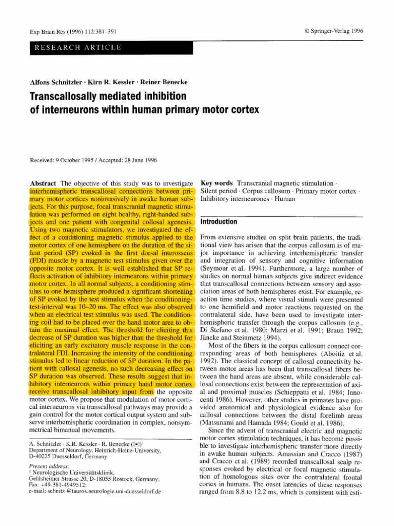 Transcallosally Mediated Inhibition | PDF | Corpus Callosum | Cerebral ...