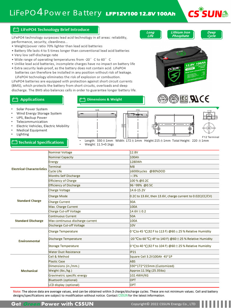 Cssun Lfp12v100 12.8v100ah Lifepo4 Bank For Replace Vrla Battery | PDF