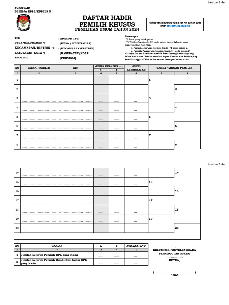 Draft Daftar Hadir DPK Di TPS Bersih | PDF