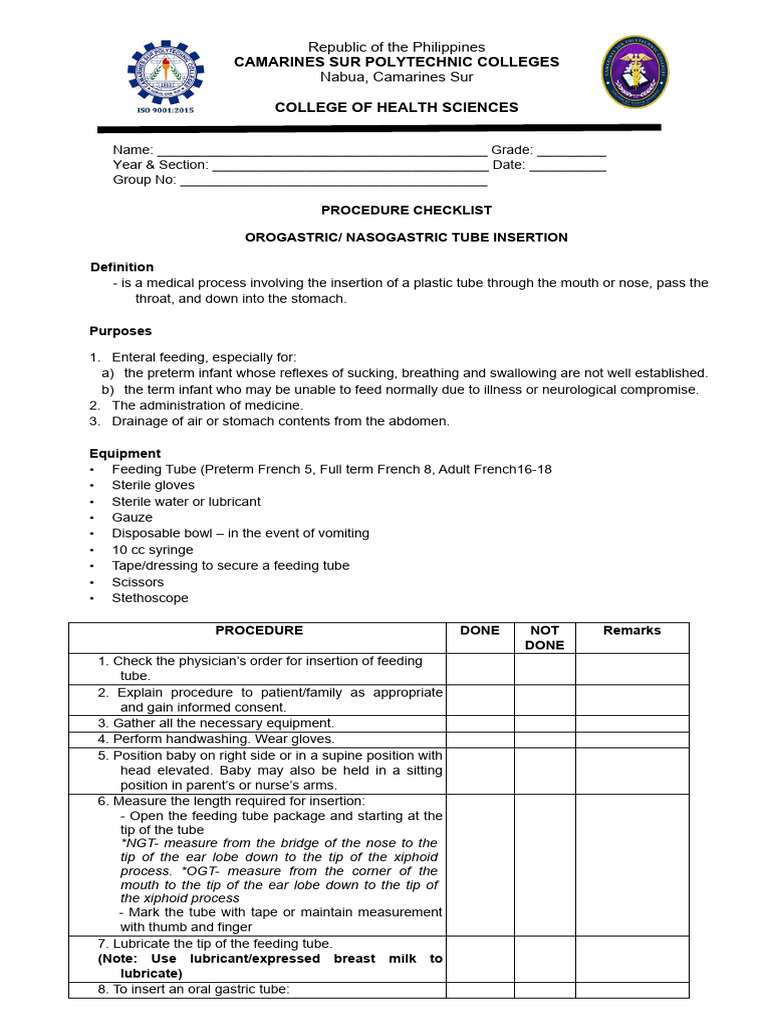 FEEDING TUBE INSERTION Checklist | PDF