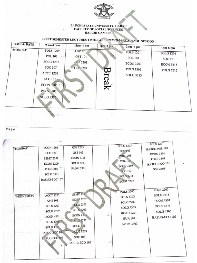 Lectures Timetable For Regular Students First Semester 2024 | PDF