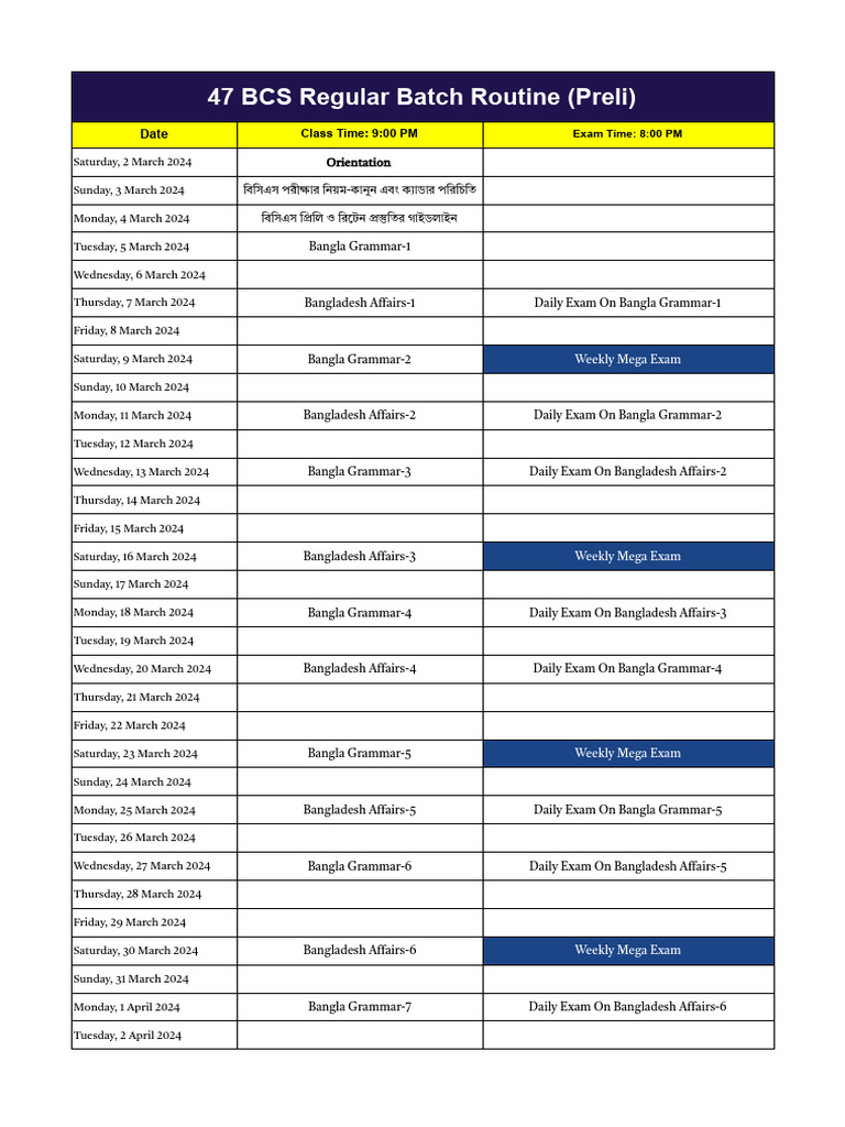 47 BCS Preli Regular Batch Routine - Sheet1 | PDF 47 BCS Preli Regular Batch Routine - Sheet1 | PDF