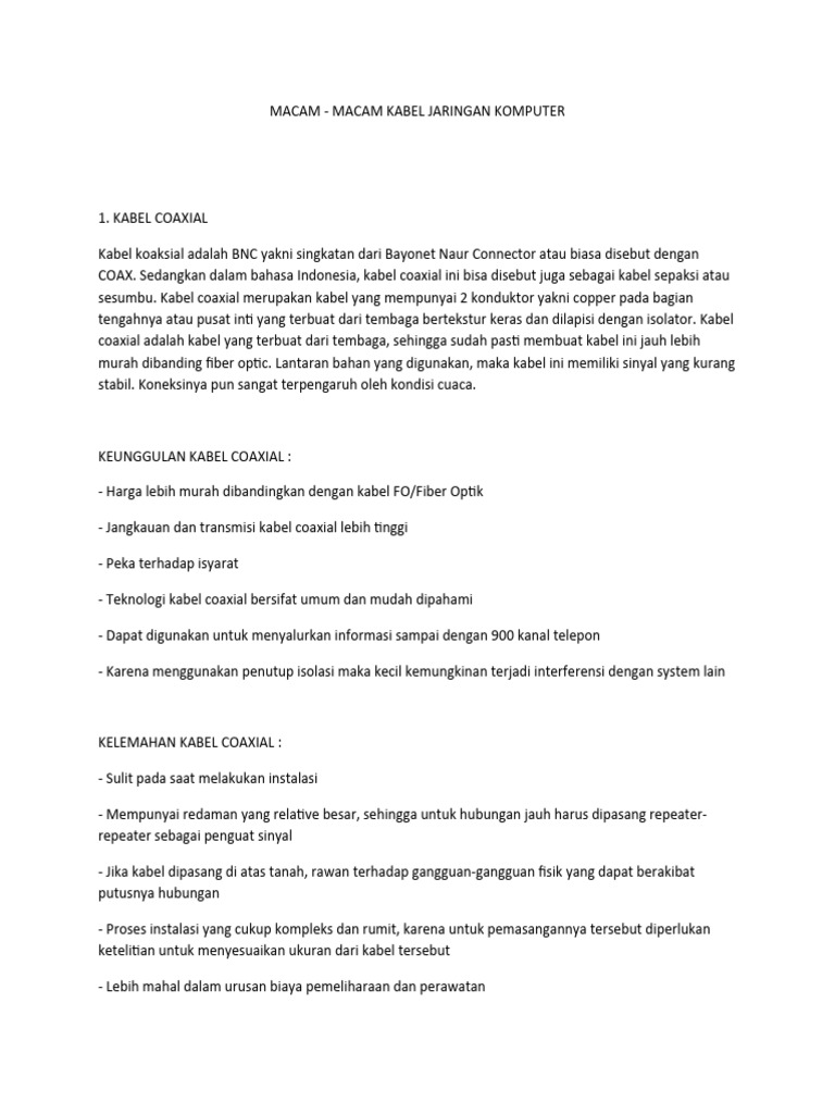 Jenis Kabel dalam Jaringan Komputer | PDF | Teknologi & Rekayasa