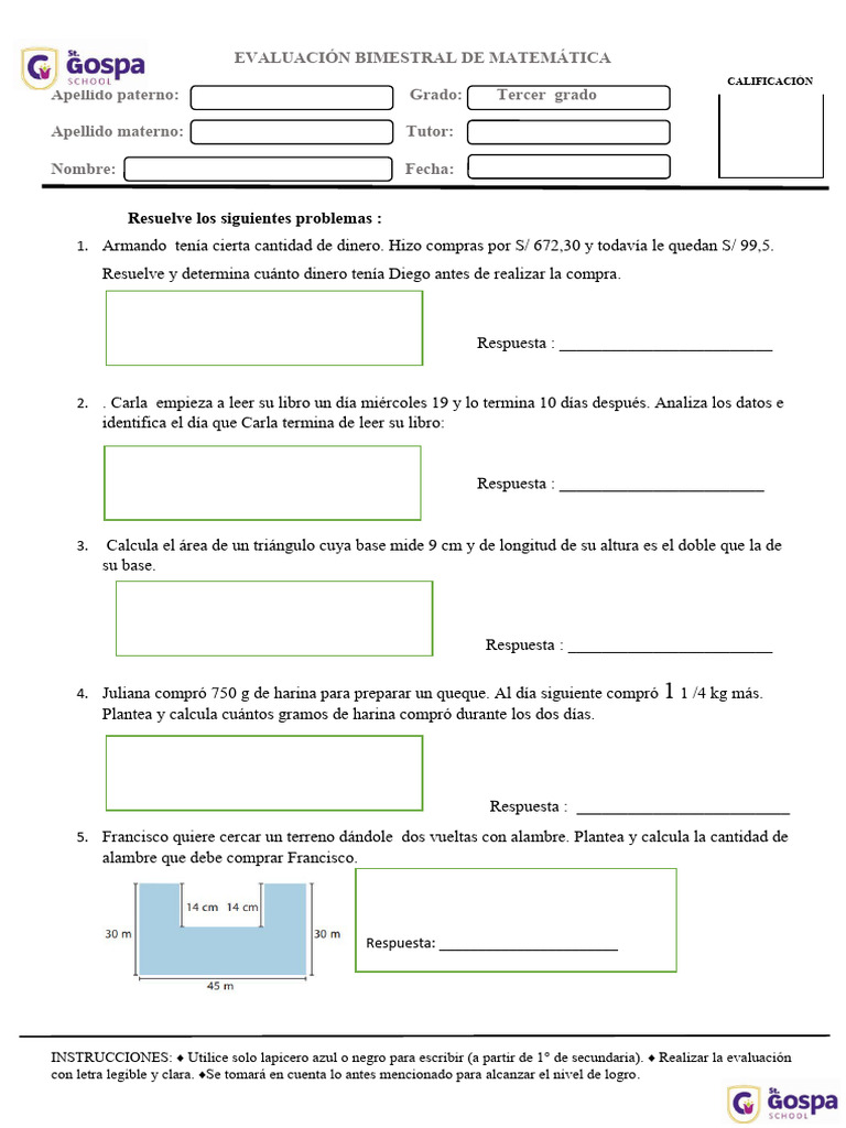 Examen Bimestral de Matemática - Tercer Grado | PDF | Geometría del plano euclidiano | Geometría ...