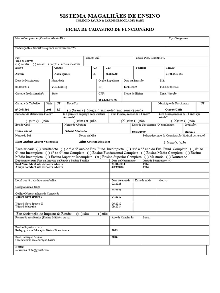 ficha de cadastro funcionário | PDF