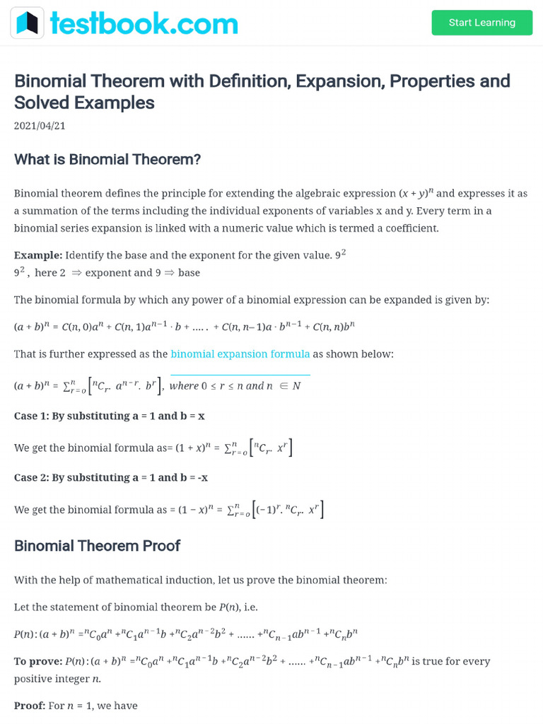 Maths Binomial Theorem | PDF