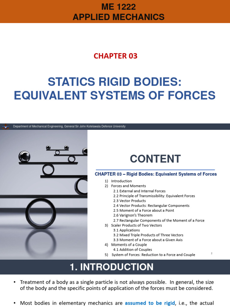 ME1222 - 3. Statics of Rigid Bodies Equivalent Systems of Forces | PDF | Force | Euclidean Vector