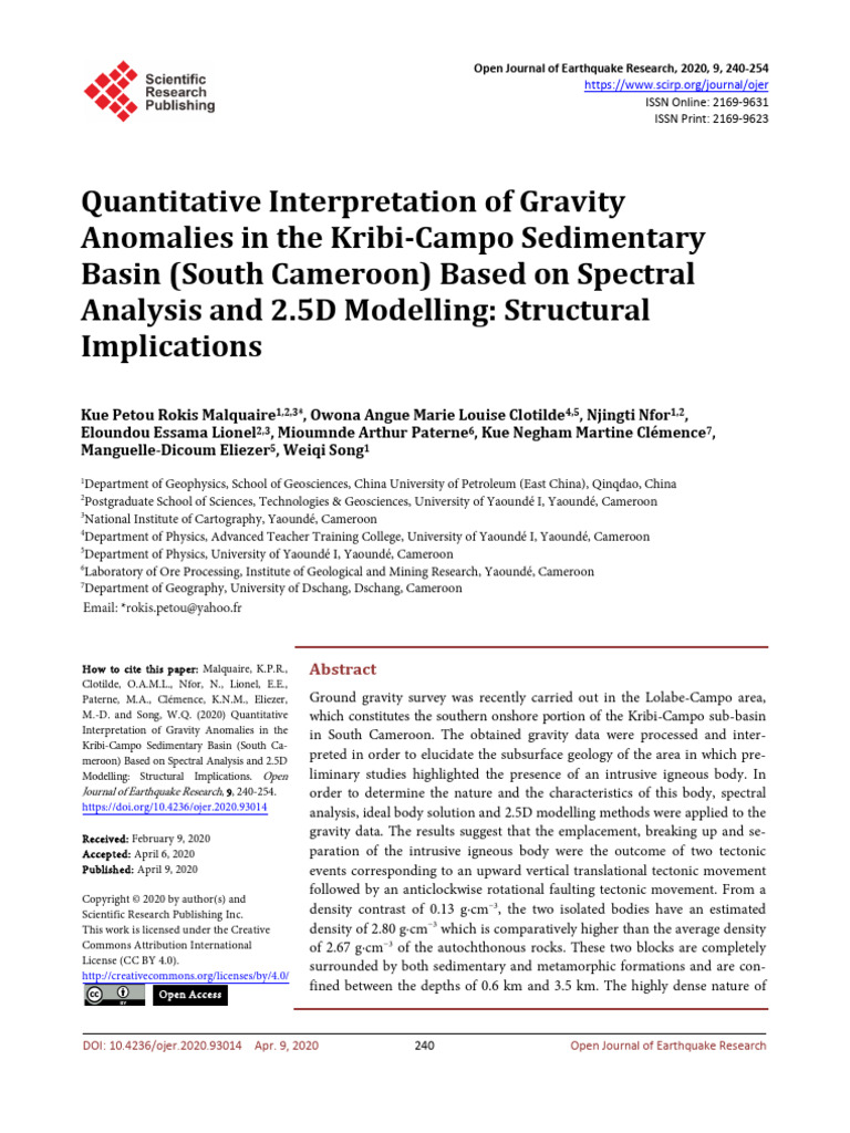 Quantitative Interpretation Of Gravity Anomalies In The Kribi Campo Sedimentary Basin Download