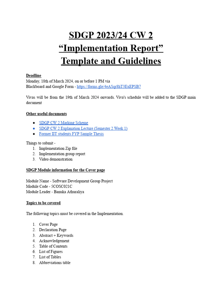 SDGP CW 2 - Implementation Report Template and Guidelines | PDF | Business