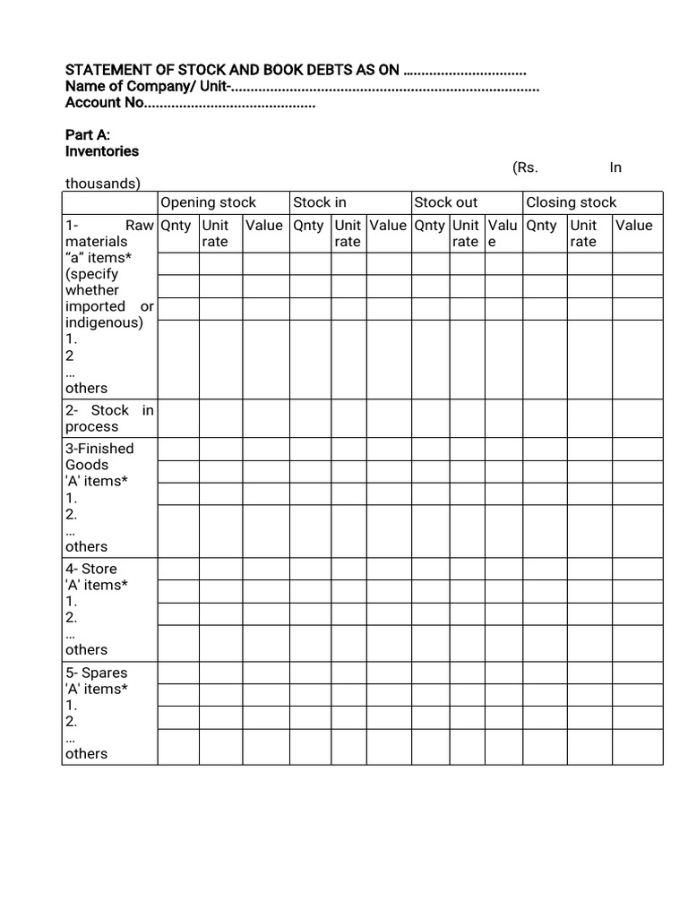 Stock and Book Debts Statement Template | PDF