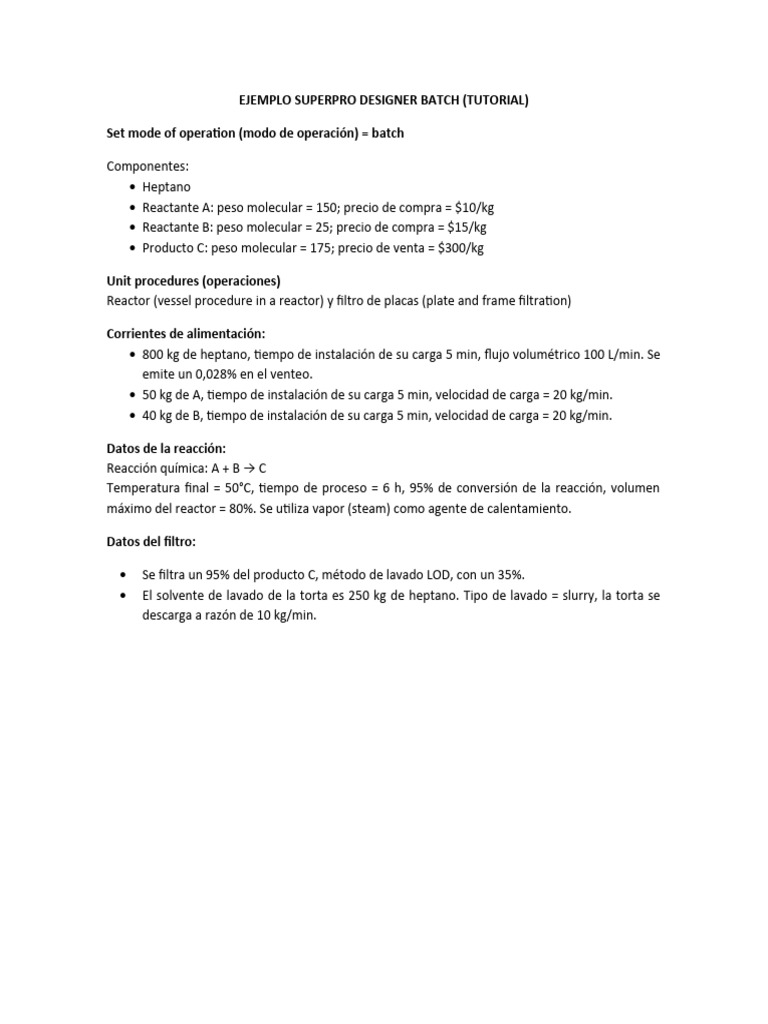 Ejemplo Superpro Designer Batch | PDF