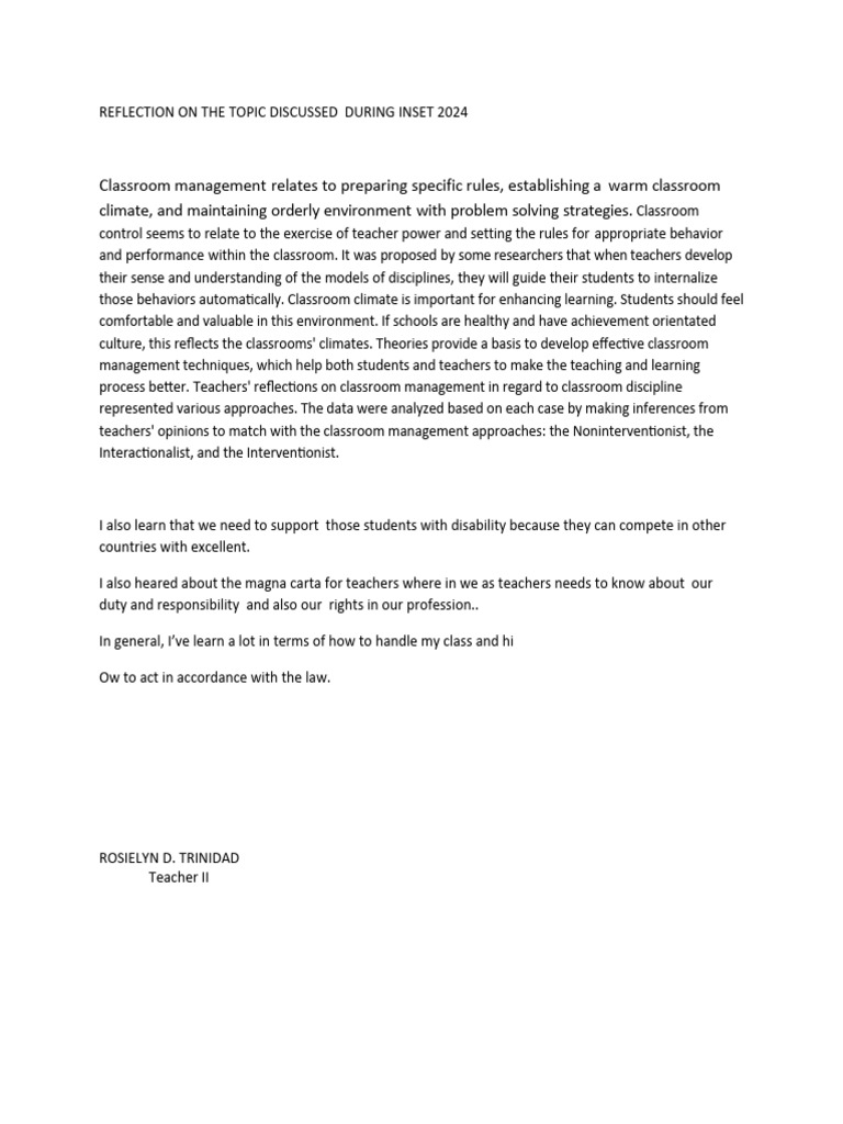 Reflection On The Topic Discussed During Inset 2024 | PDF