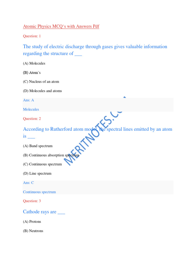 Atomic Physics Mcqs Answers | PDF | Science & Mathematics