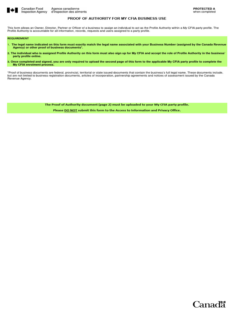 CFIA Profile Authority Proof Form | PDF
